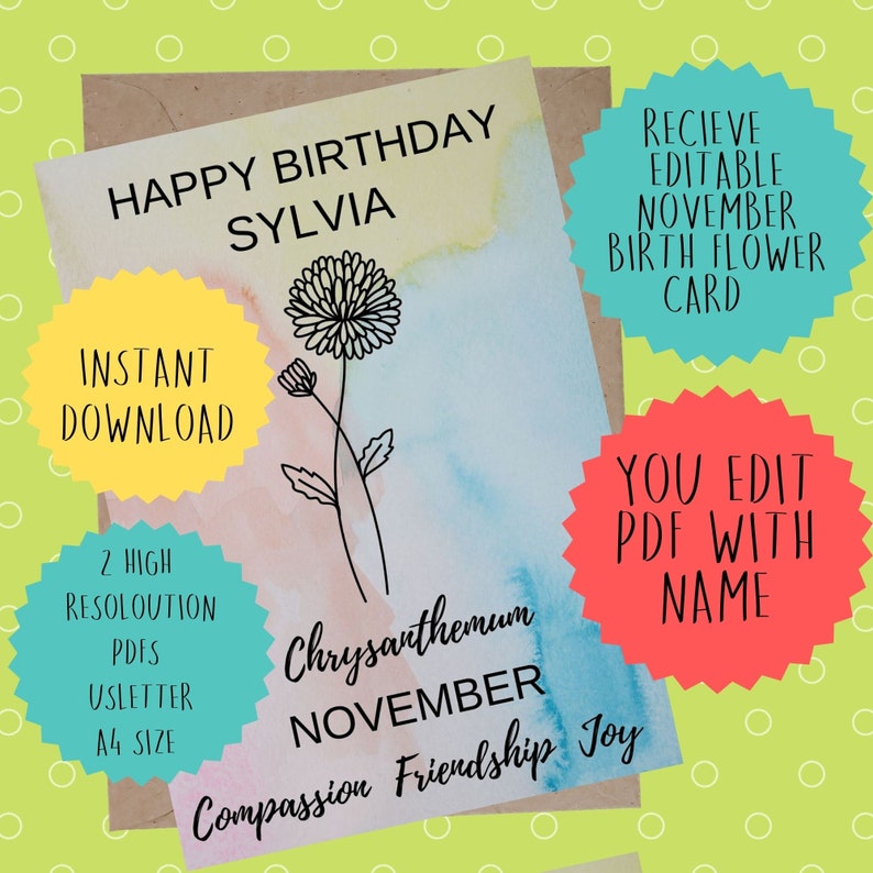 November Birth Flower Card PRINTABLE and EDITABLE - Personalised Card ...