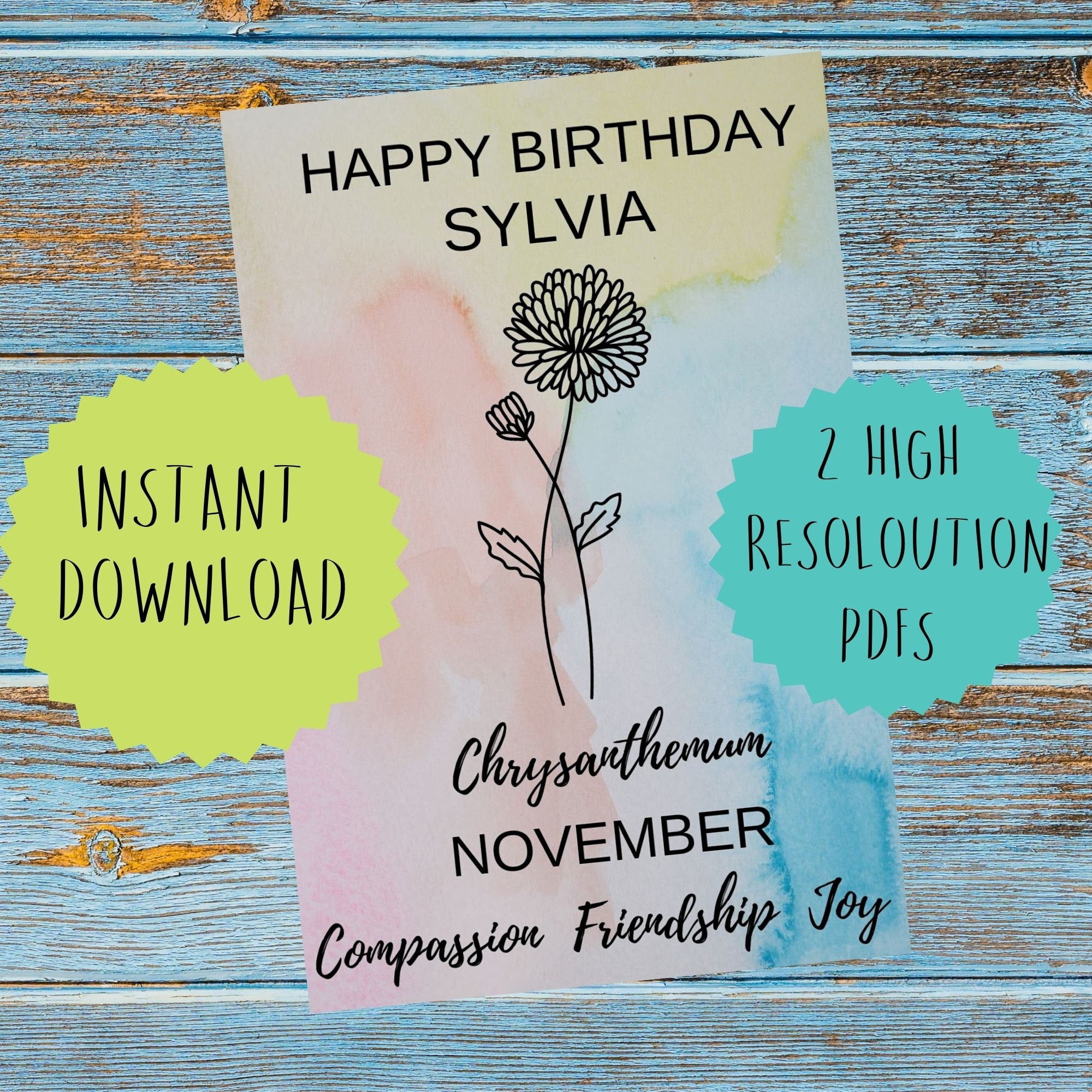 November Birth Flower Card PRINTABLE and EDITABLE Personalised Card for ...