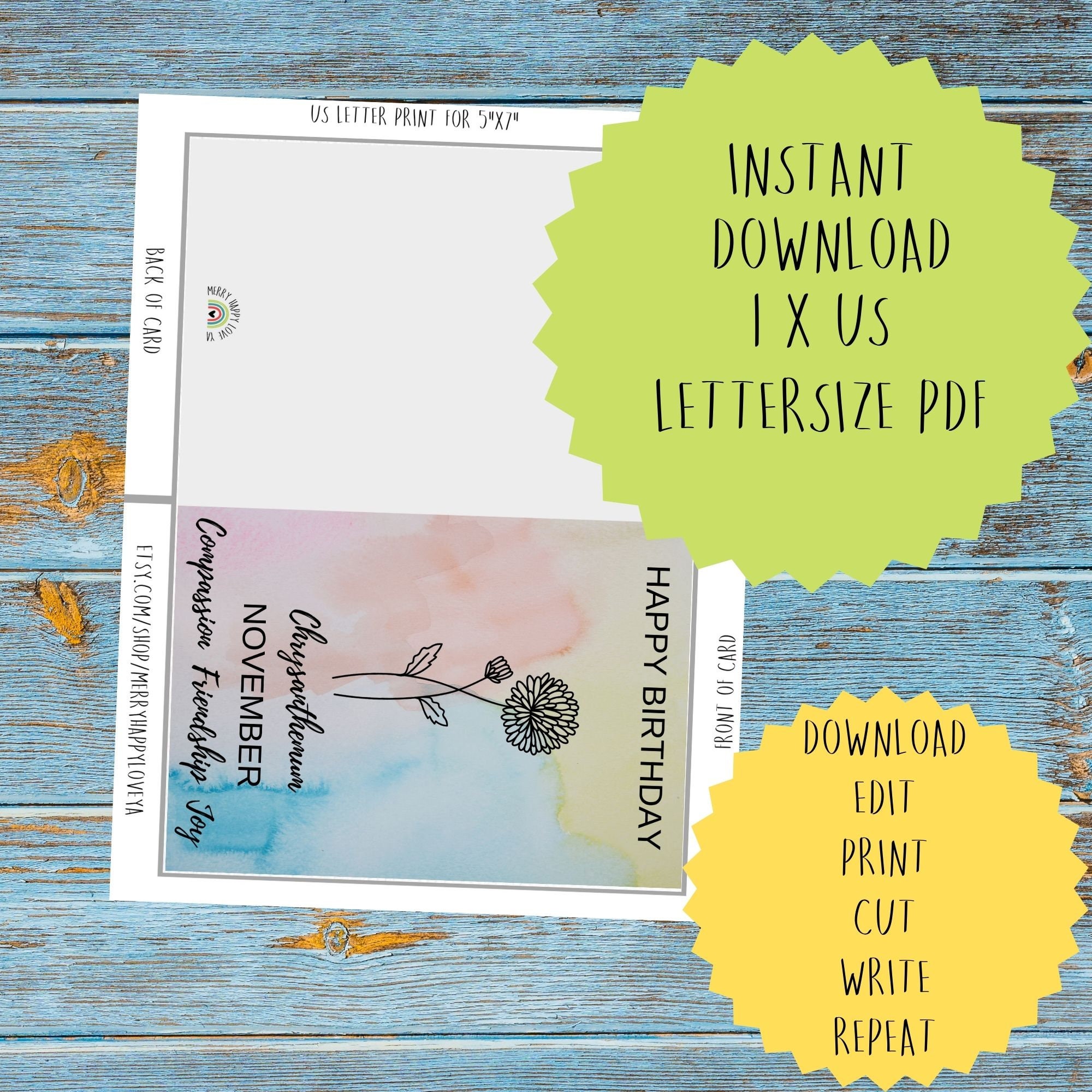 November Birth Flower Card PRINTABLE and EDITABLE - Etsy