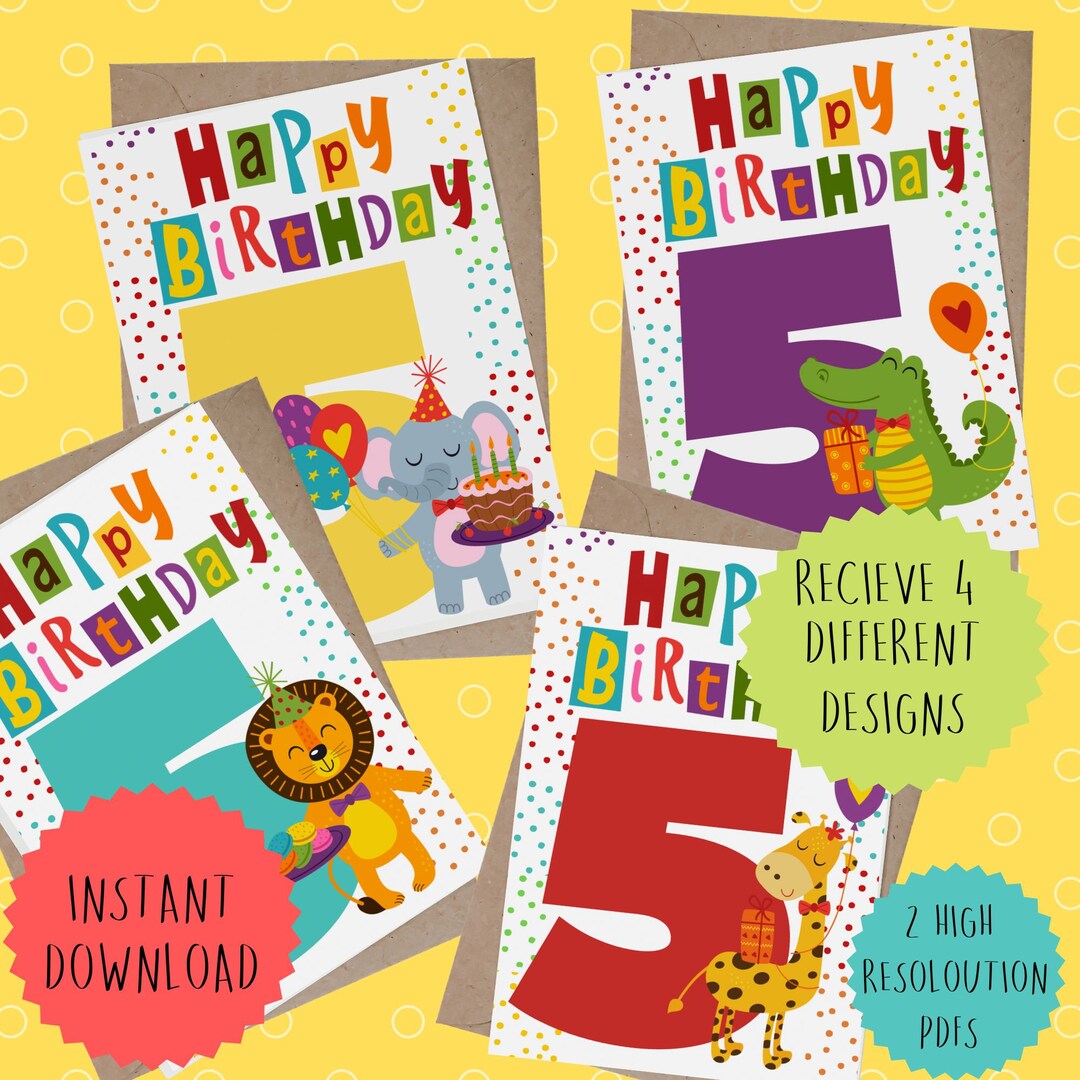 5th Birthday Card Printable, Set of 4 Children’s 5 Card, to Print at ...