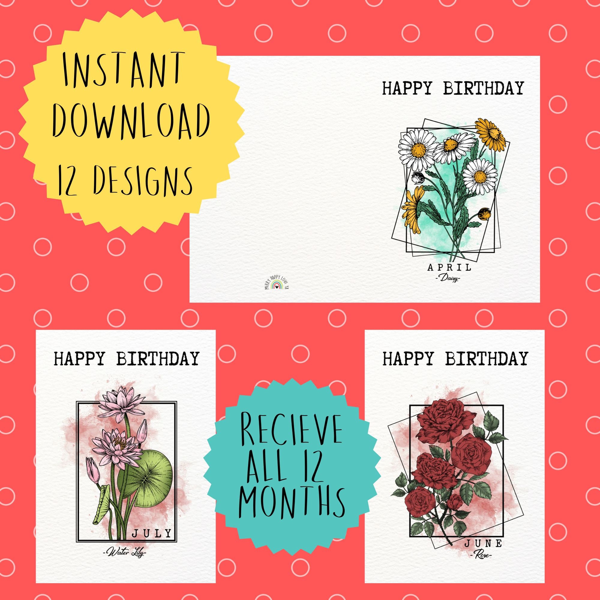 Birth Month Birthday Card PRINTABLE Birthday Flower Cards for Each ...