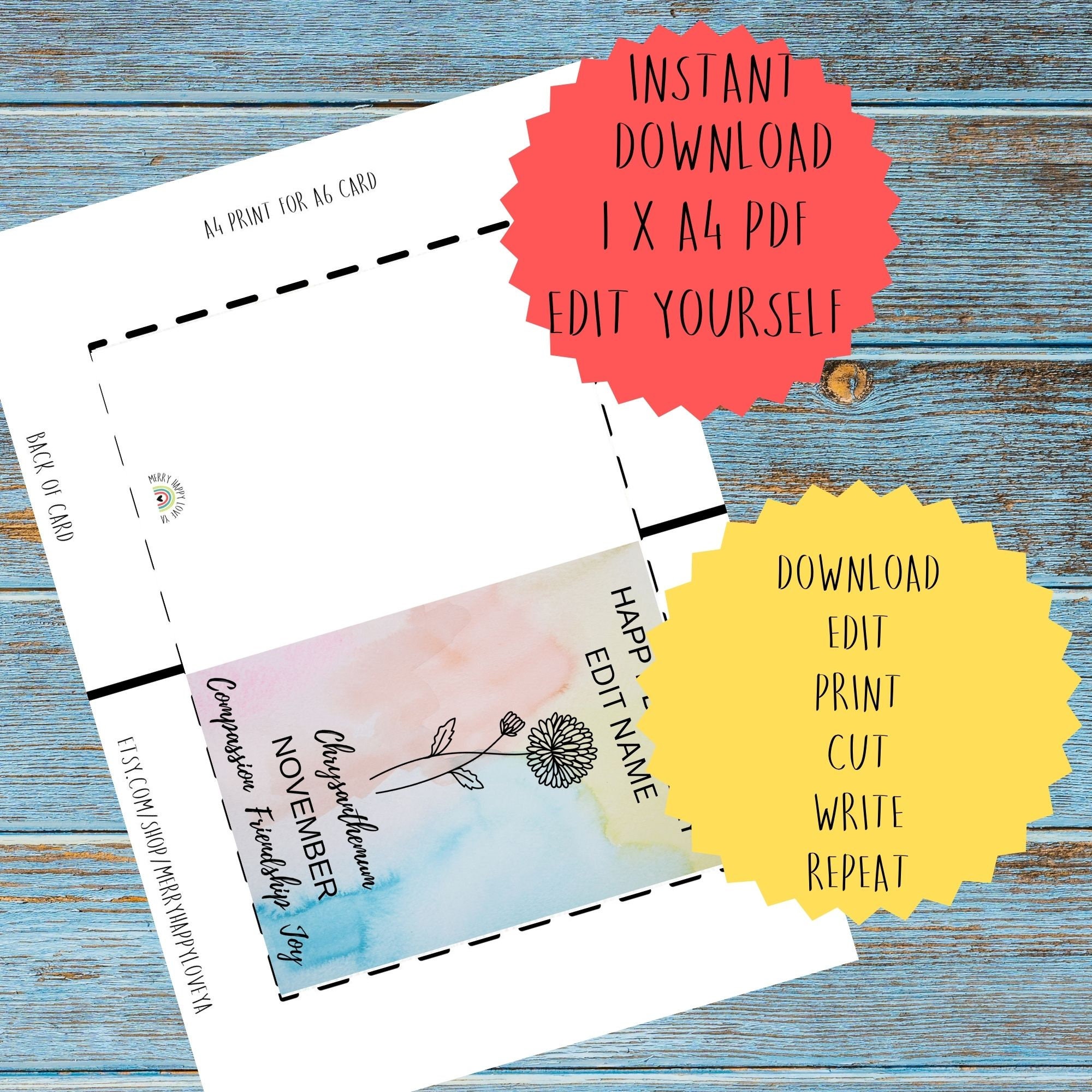 November Birth Flower Card PRINTABLE and EDITABLE - Etsy