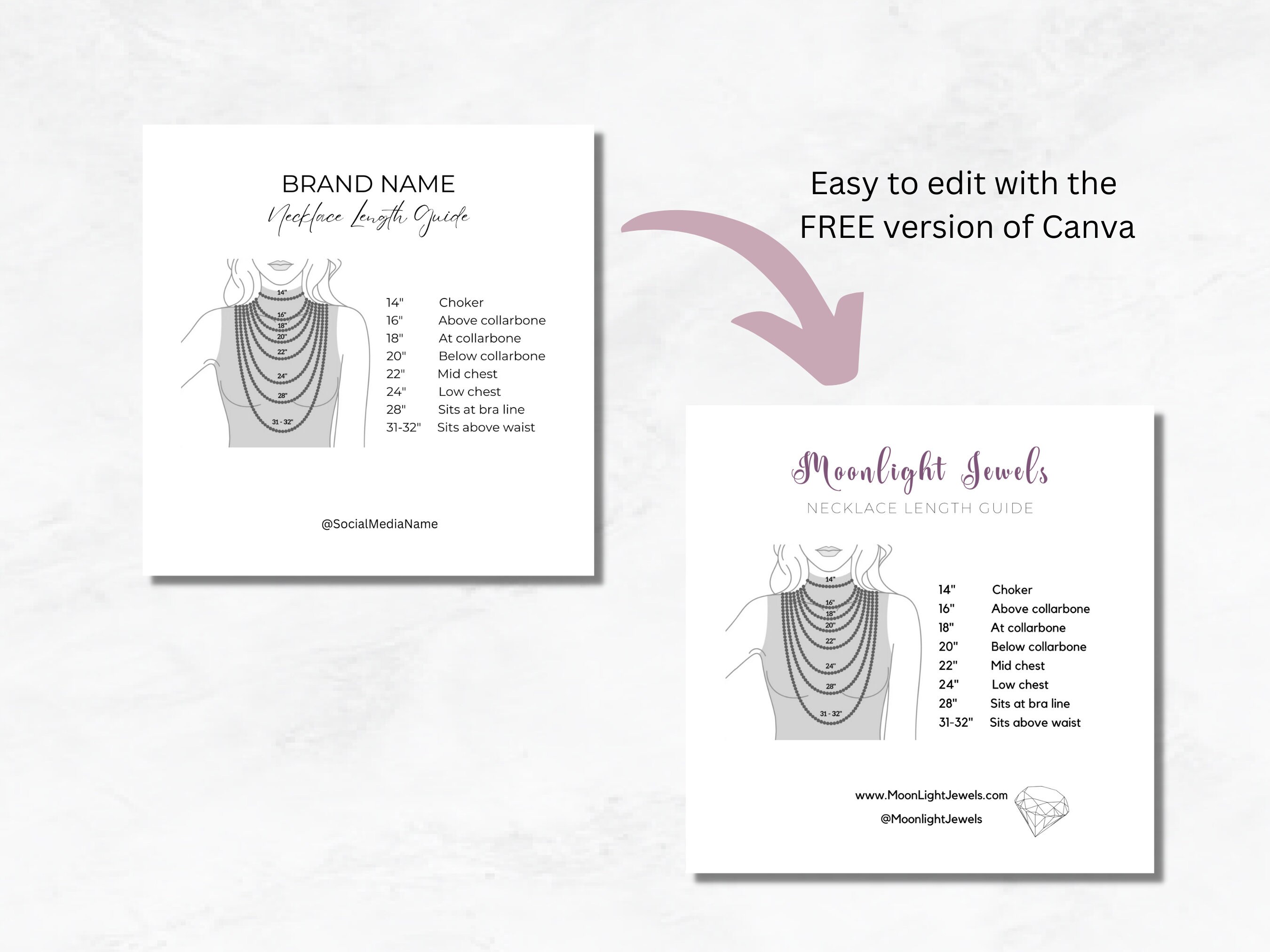 Editable Necklace Size Chart, Necklace Length Guide, Necklace Length ...