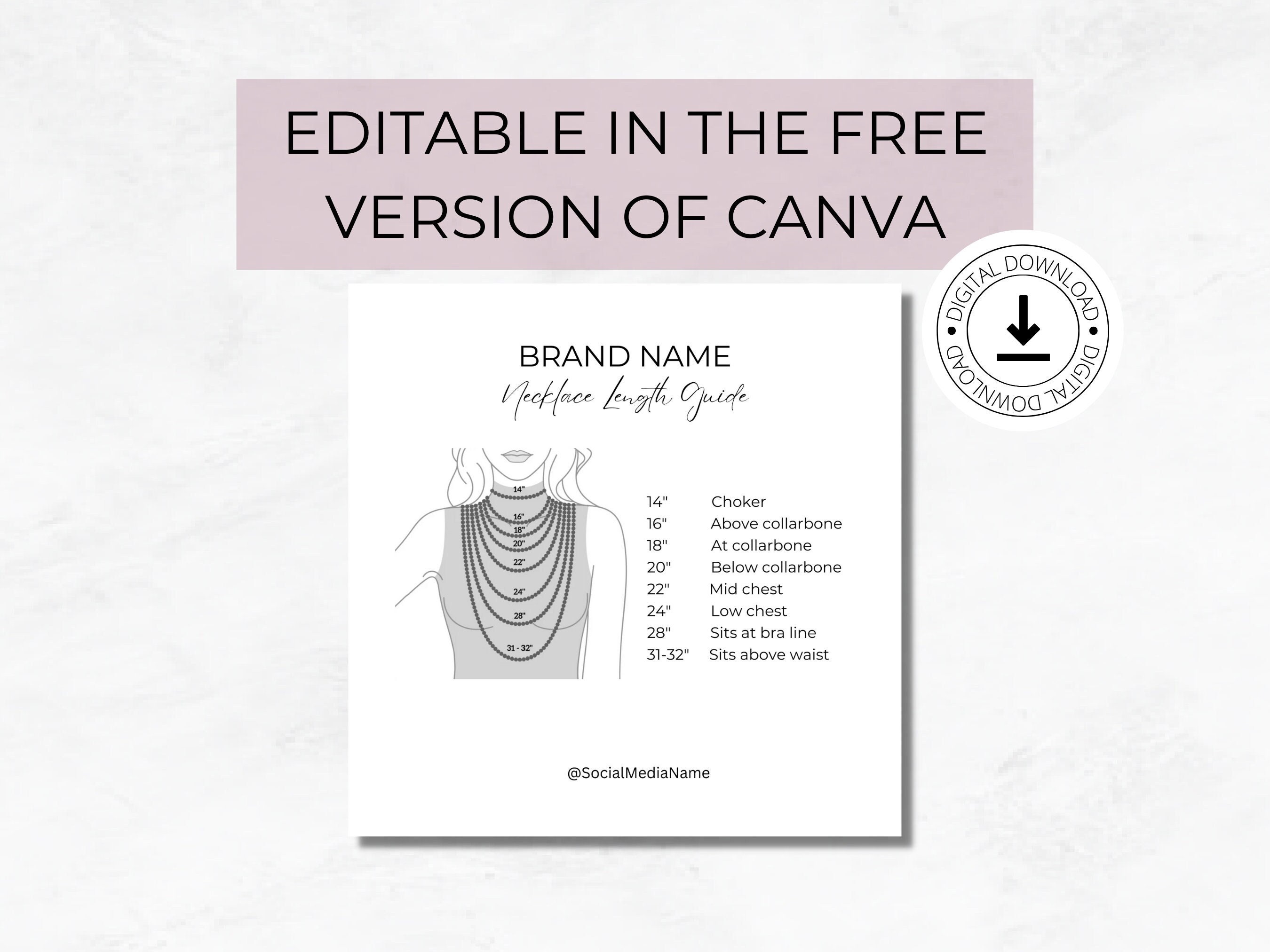 Editable Necklace Size Chart, Necklace Length Guide, Necklace Length ...