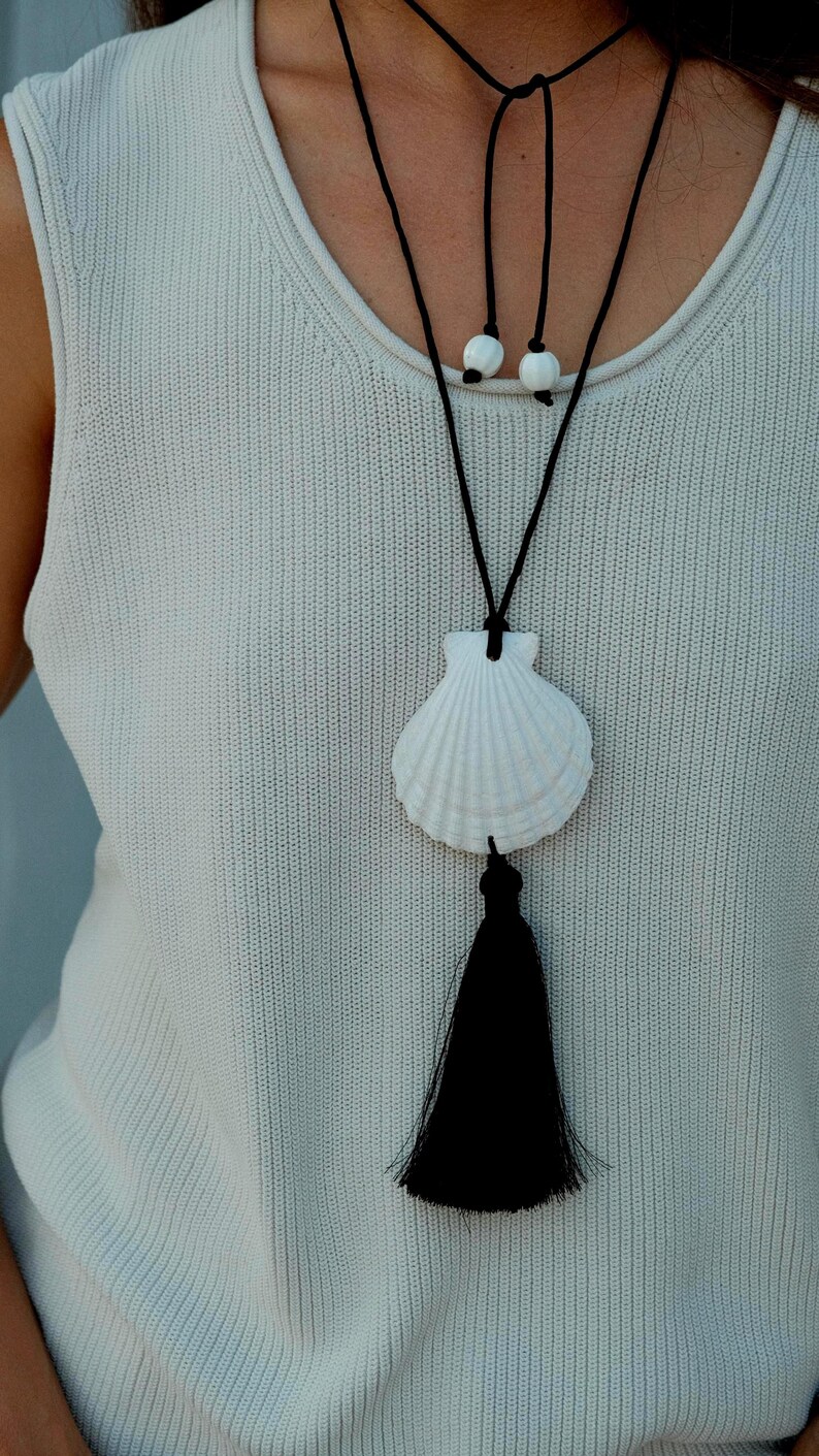 Seashell Necklace, Natural Shell Pendant on Silk Cord With Tassel, Clam ...