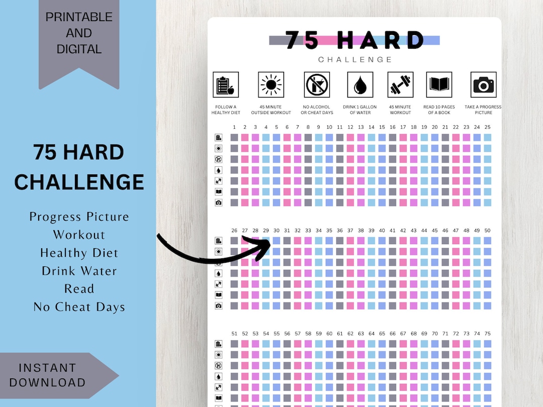 75 Hard Challenge Tracker Printable US Letter Size Instant Download PDF ...