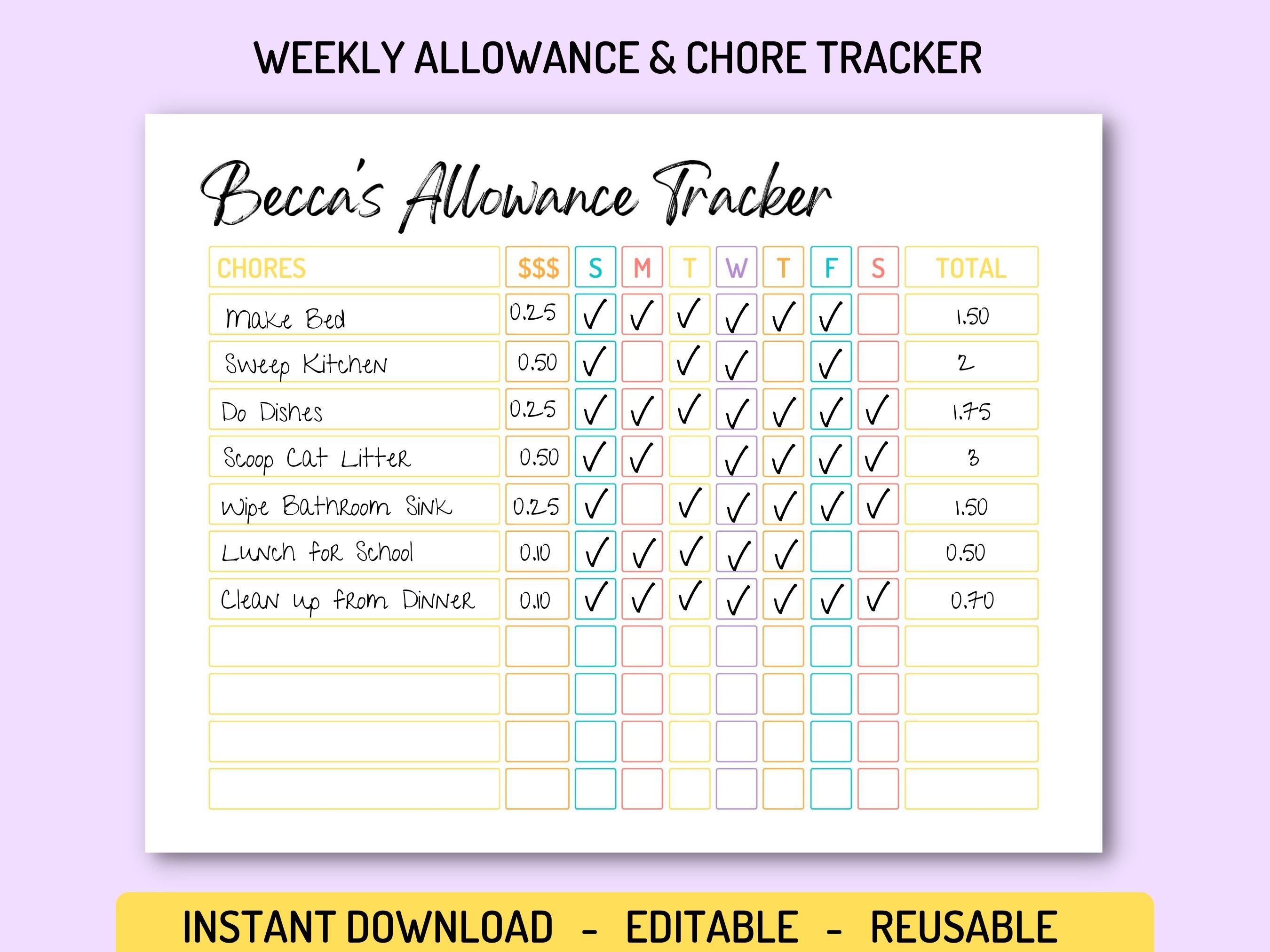 Allowance Tracker Kids Daily Chore Chart Editable Chore - Etsy
