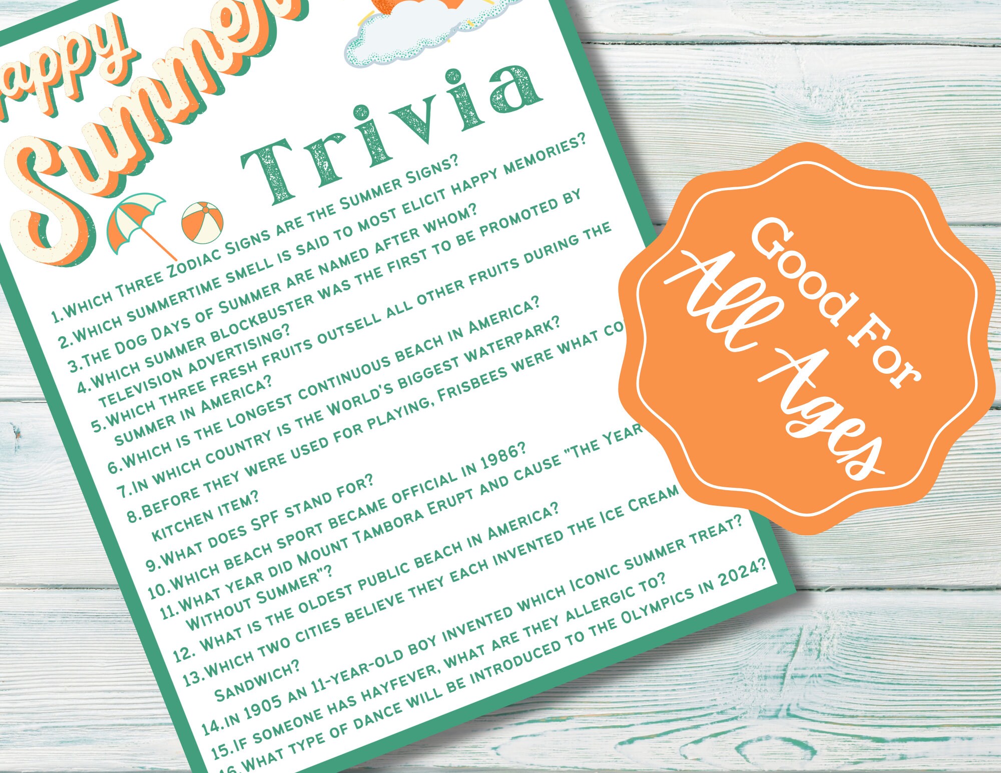 Summer Trivia Game Summertime Printable Games for Adults and - Etsy