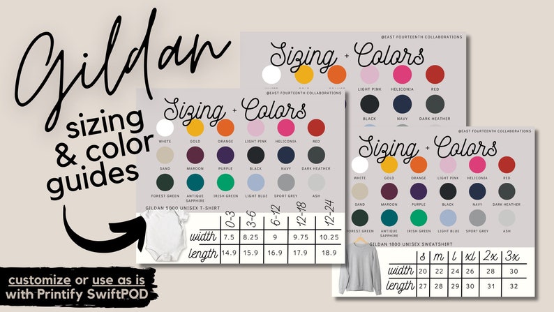 Gildan Clothing Size and Color Guides, Printify, Swiftpod, Gildan T ...