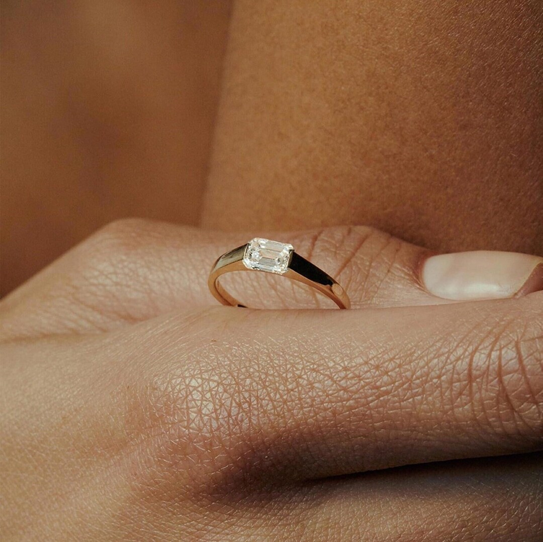East West Emerald Cut Moissanite Ring: Solitaire Silver or Gold - Etsy