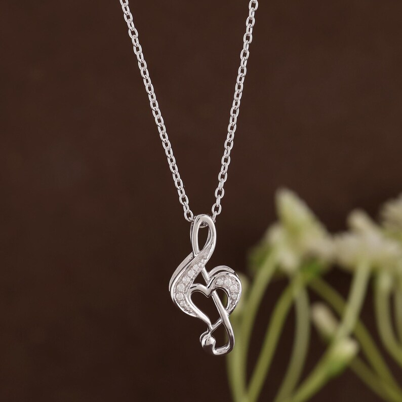 Diamond Treble Clef Pendant Necklace | Sterling Silver Musical Note ...