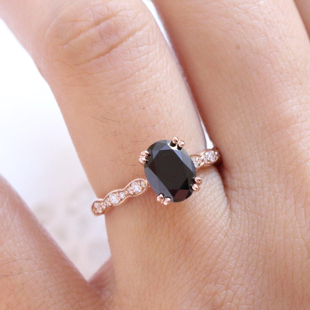 2 Cttw Oval Shape Black Diamond |classic Engraved Solitaire Pave ...