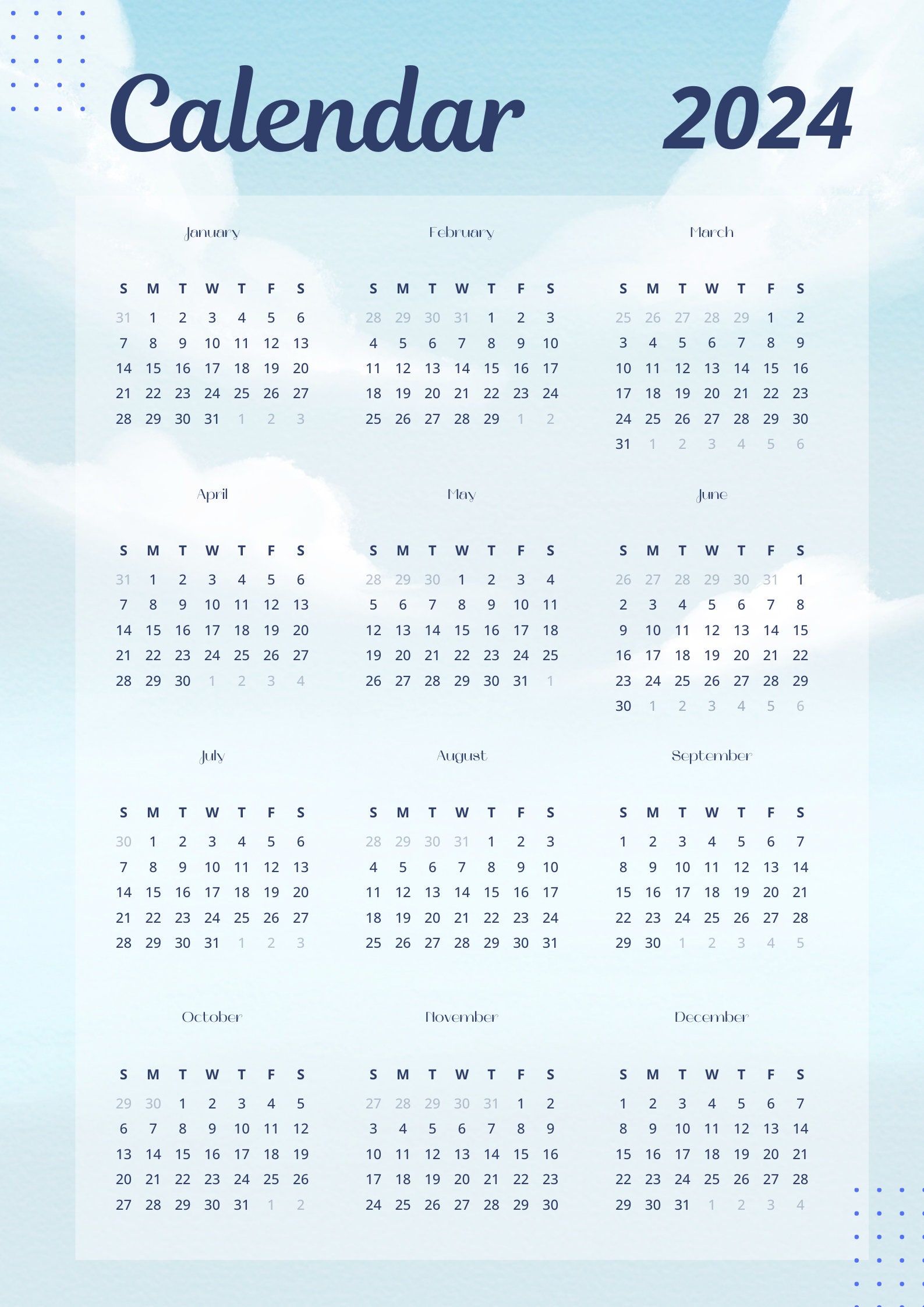 Digital 2024 Calender, 2024 Year Calendar Printable ,yearly Calendar ...