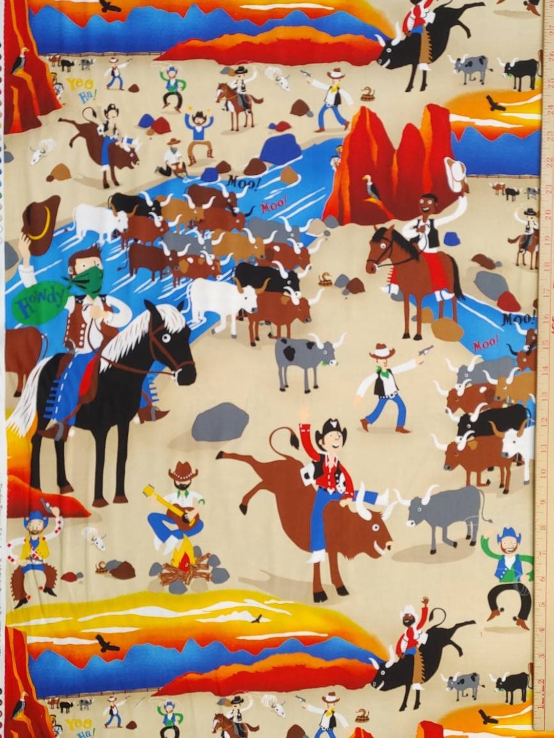 Colorful Cowboys and Horses Running Yardage Panel Quilting Cotton ...