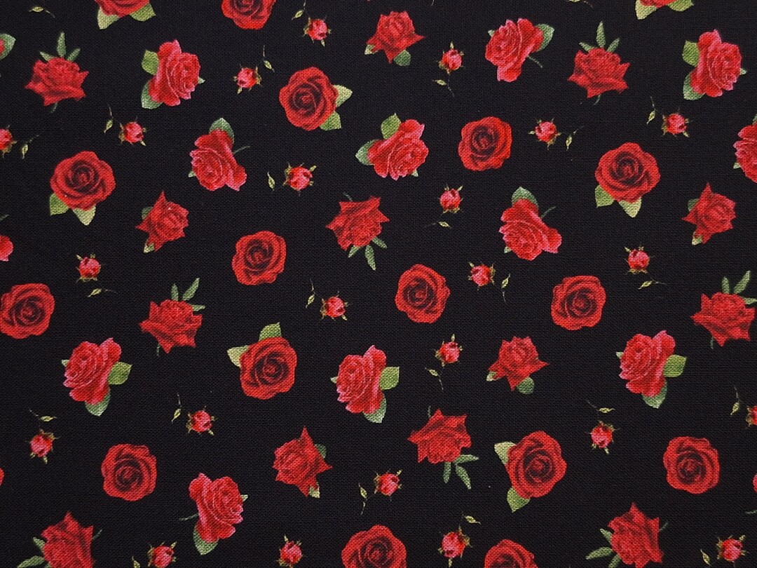 Small Red Roses on Black Quilting Cotton Fabric Timeless Treasures ...
