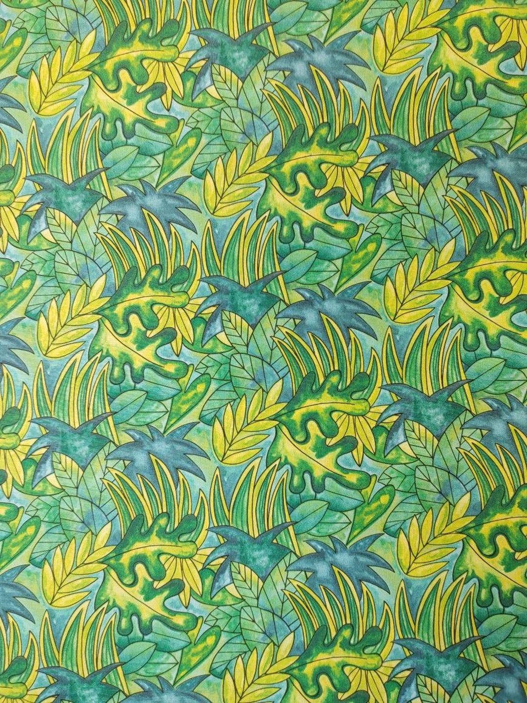 Jungle Leaves Green & Blue Quilting Cotton Fabric Blank Quilting Jungle ...