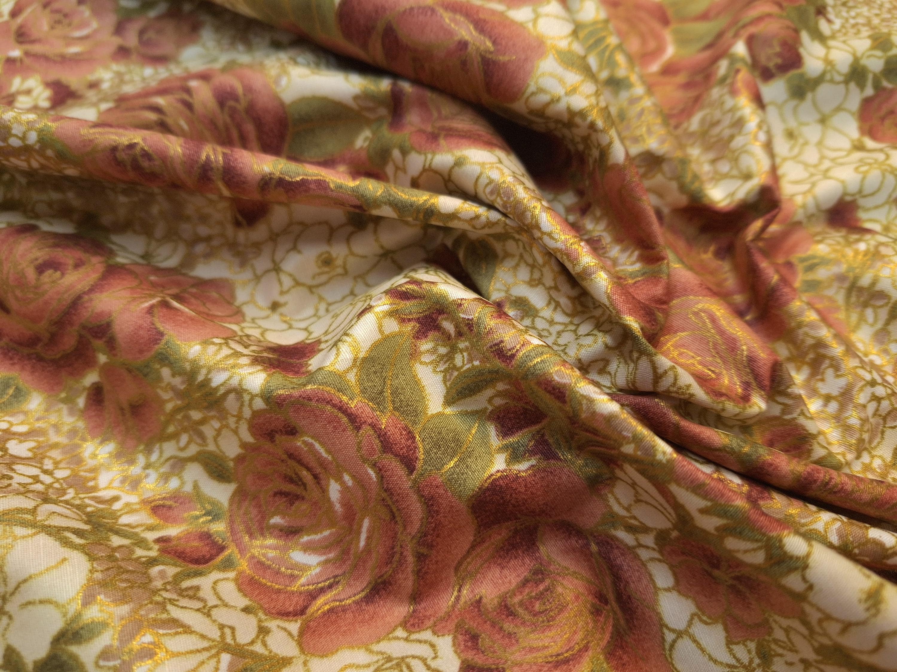 Dusky Coral Rose Floral Metallic Gold on Cream Quilting Cotton Fabric ...