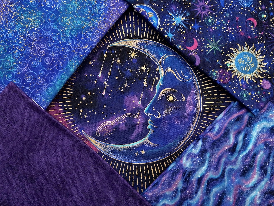 Celestial Curated Fat Quarter Bundle Quilting Cotton Fabric 5 Fat Quarters Navy Violet Purple ...