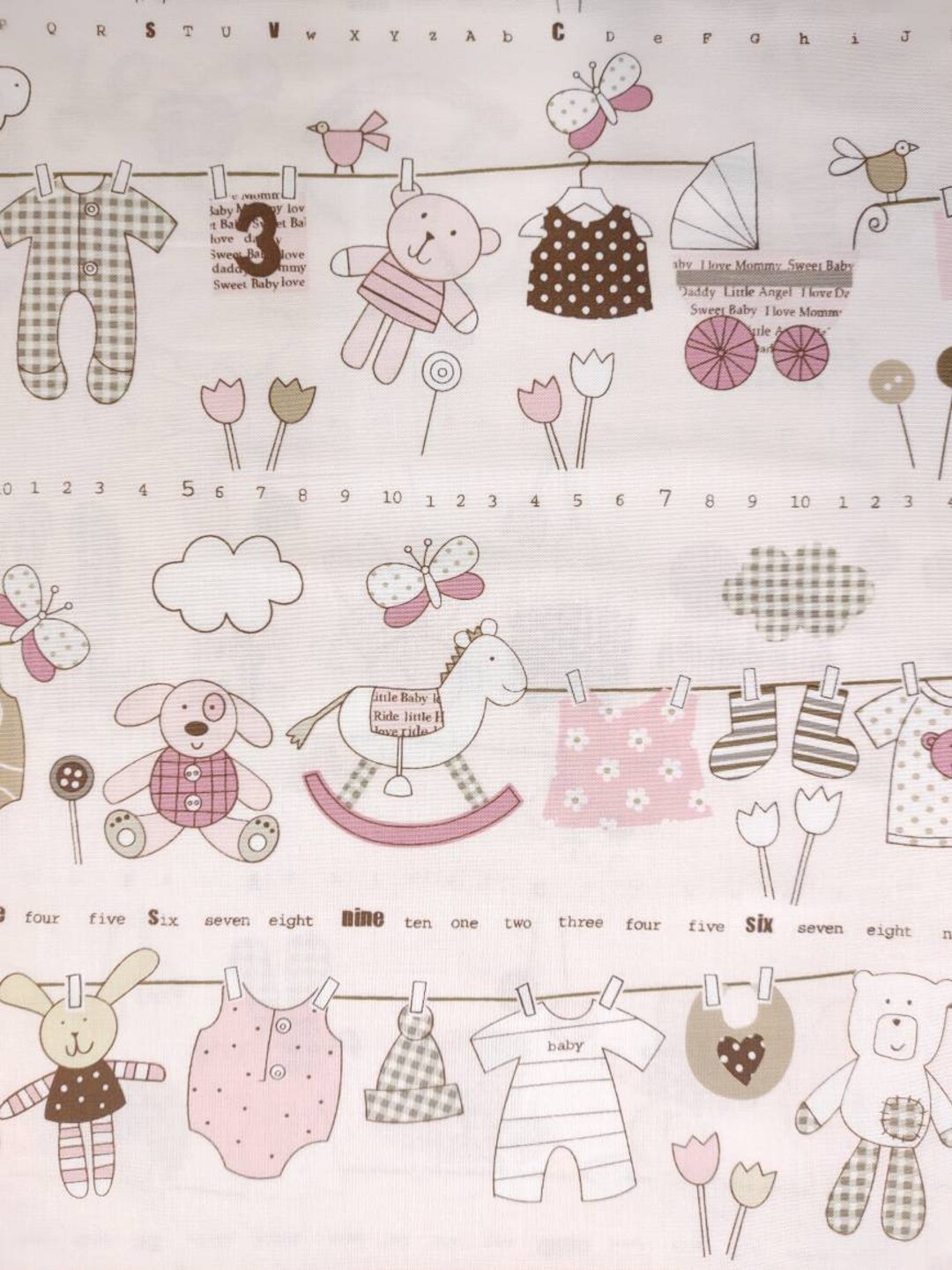 Baby Clothesline Brown Pink & White Quilting Cotton Fabric Marcus ...