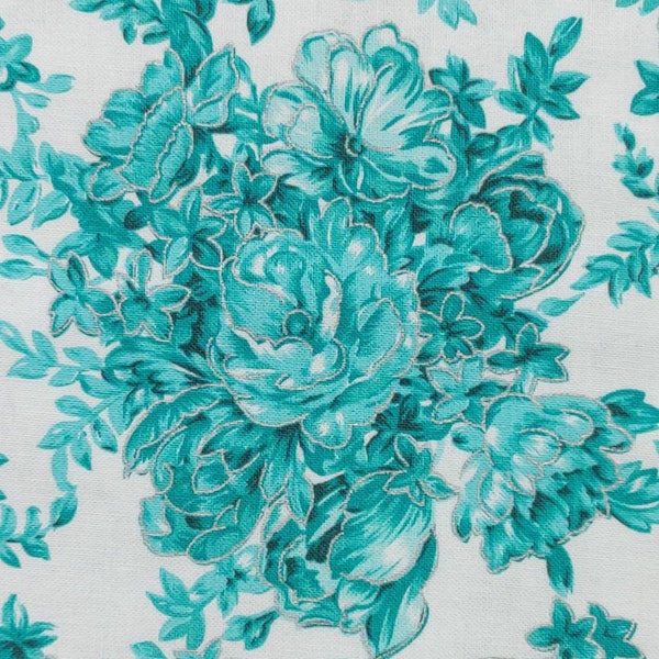 Teal Floral Fabric - Etsy
