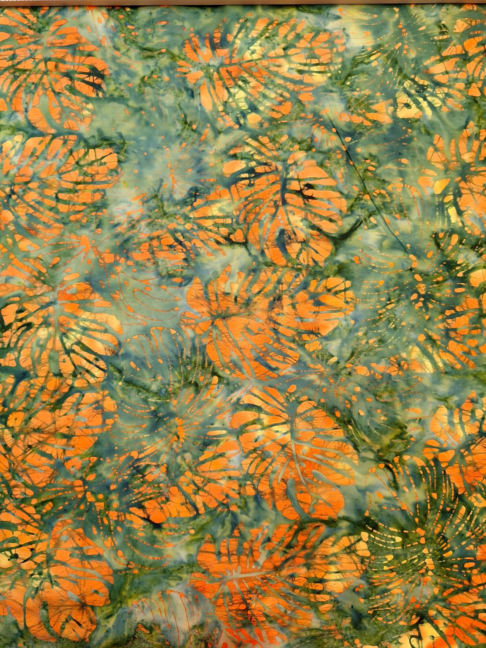 REMNANT Monstera Leaf Green & Orange Batik Fabric Transpacific Fabrics ...
