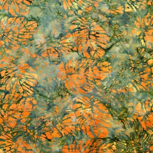 REMNANT Monstera Leaf Green & Orange Batik Fabric Transpacific Fabrics ...
