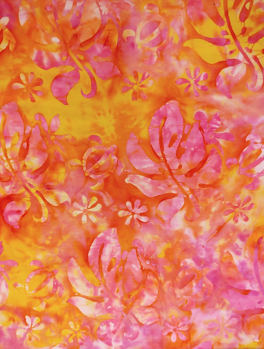 Batik Hawaiian Floral Leaf Hot Pink Orange & Yellow Cotton Fabric Trans ...