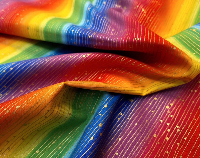 Rainbow Gradient Stripes With Metallic Gold Quilting Cotton Fabric ...