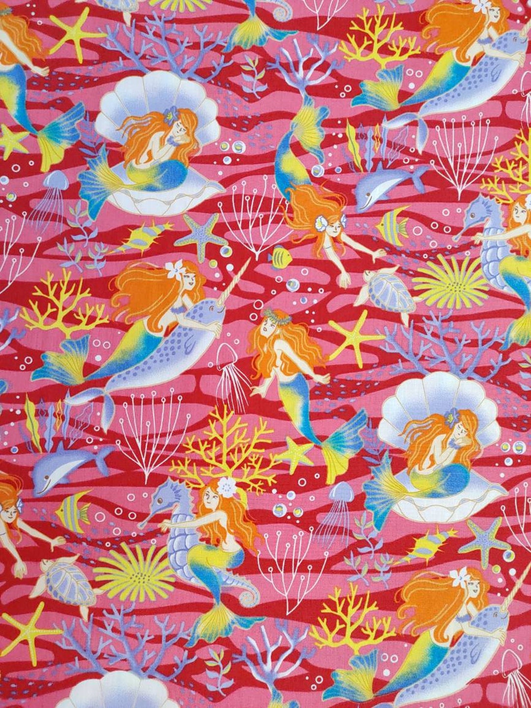 Pink & Red Ocean Mermaid Quilting Cotton Fabric Trans Pacific - Etsy
