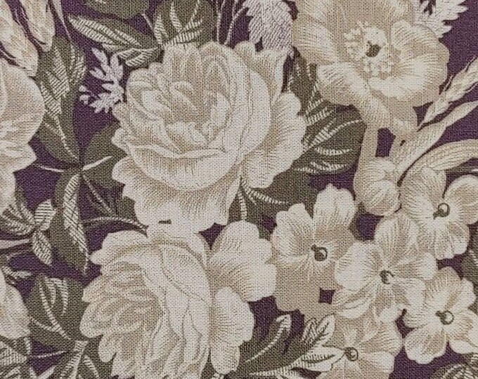 REMNANT Cabbage Rose Floral Dusky Purple Green and Beige Quilting ...