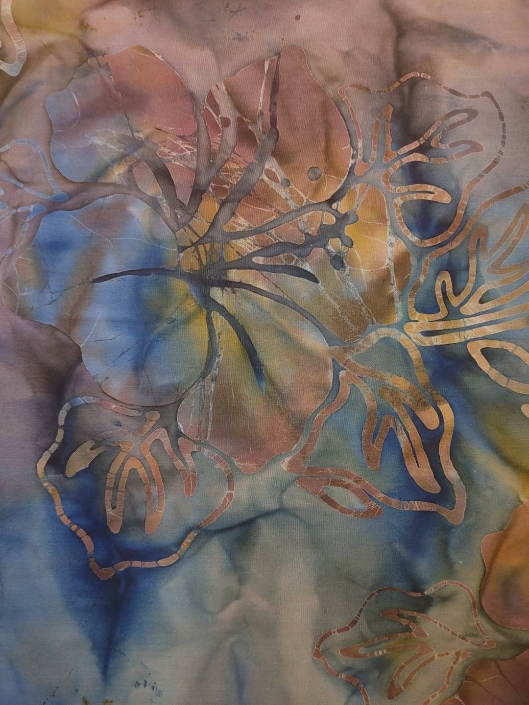 Large Hibiscus Blue and Gold Batik Cotton Fabric Transpacific Fabrics ...