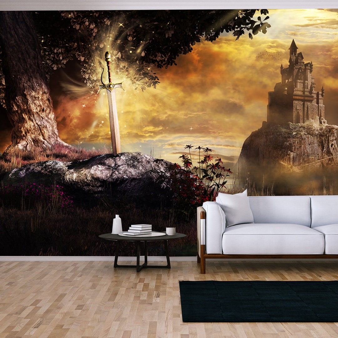 Fantasy Scene With Castle, Trees and Sword Wallpaper Living Room Mural ...