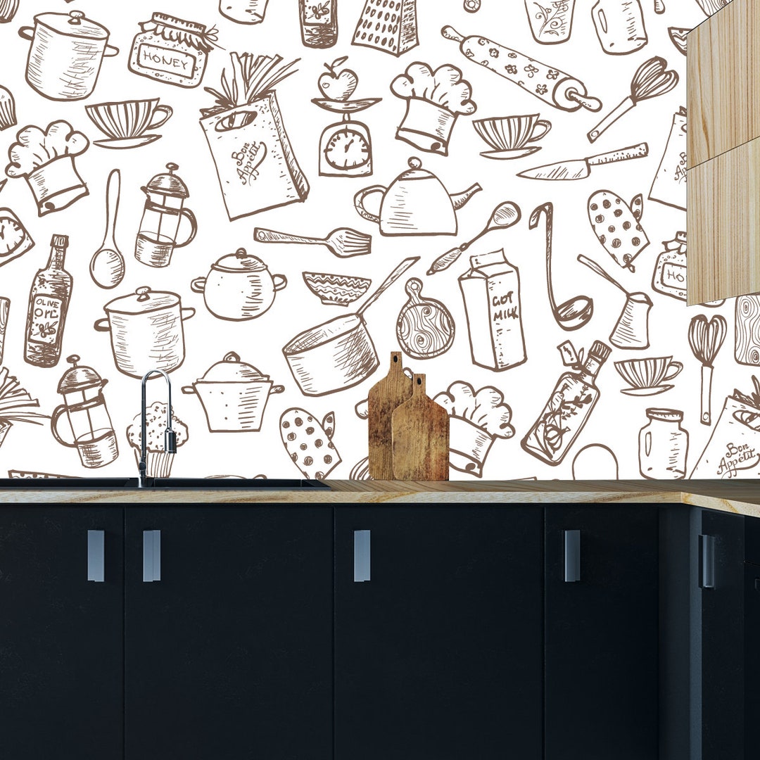Kitchen Doodle Sketch Utensils Hand-drawn With Ink Wallpaper Kitchen ...