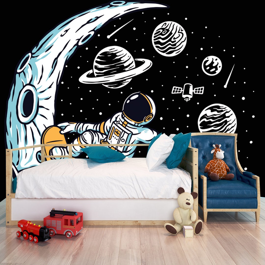 Vintage Astronaut Skateboarding the Moon Wallpaper Boy Bedroom Mural - Etsy