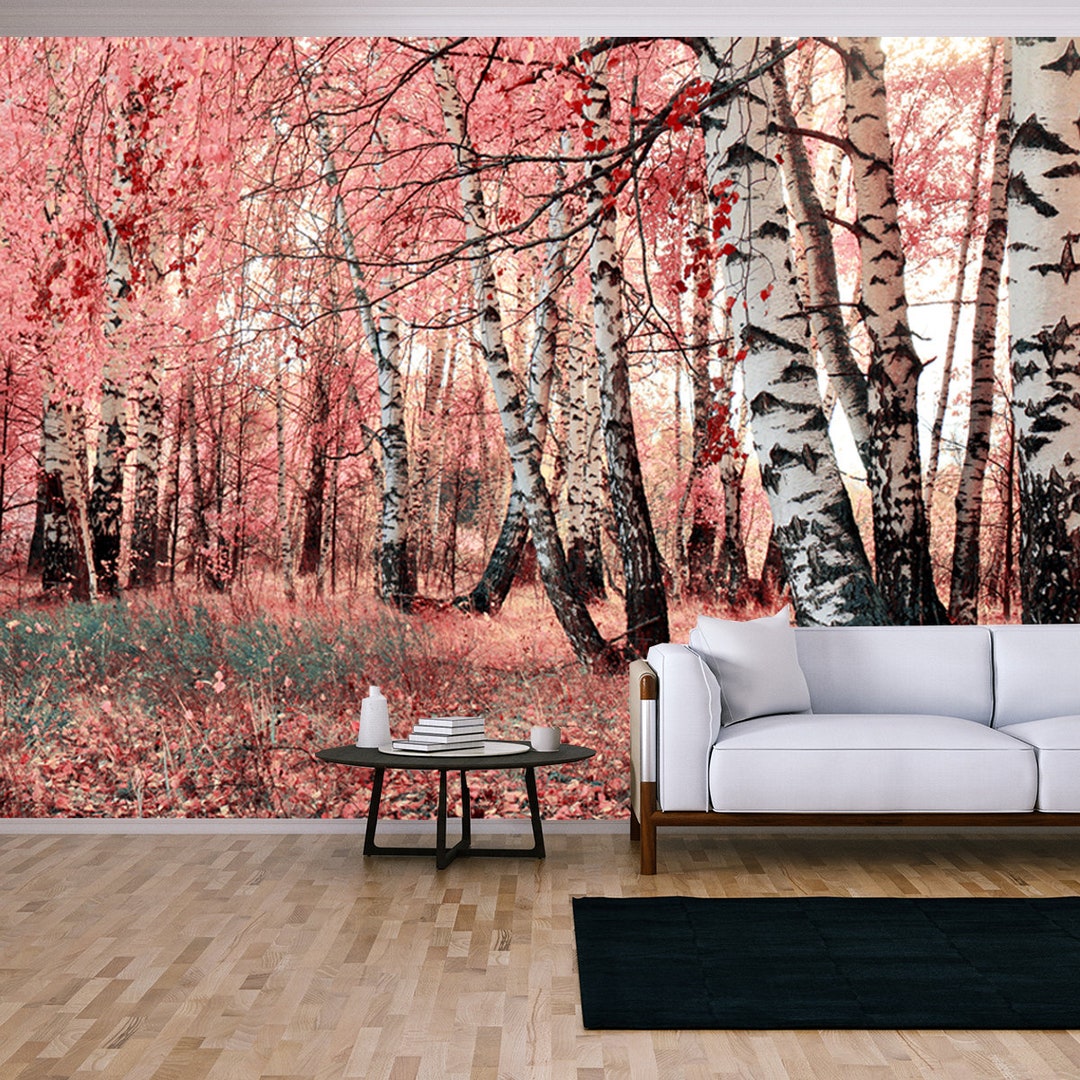 Pink Birch Grove Wallpaper Living Room Mural - Etsy