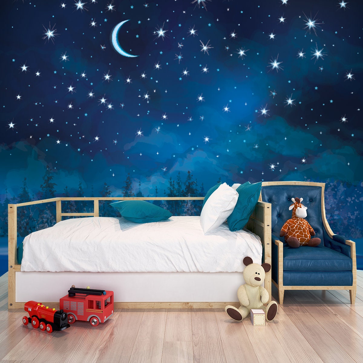 Night Winter Scene, Sky and Forest Background Wallpaper Boys Bedroom ...