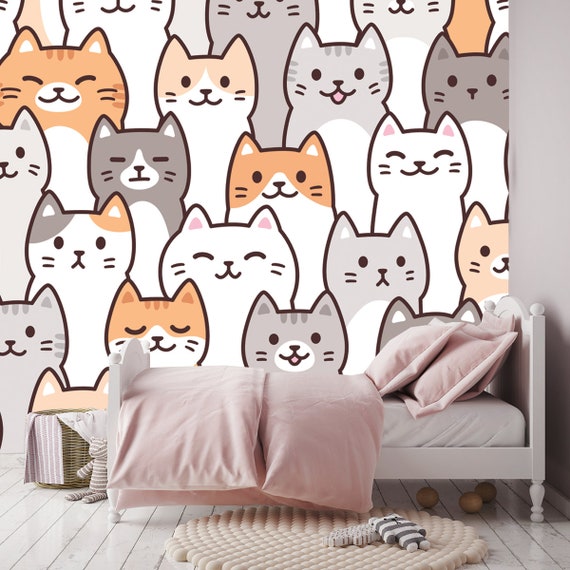 Cute Cartoon Doodle Cats Pattern. Kawaii Crowd of Cat Faces - Etsy