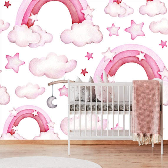 Pink Watercolor Rainbow Clouds and Stars Wallpaper Girl - Etsy