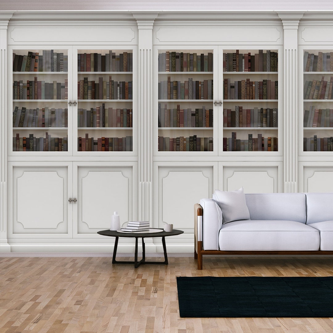 White Bookshelf Background. Library in the Romanesque Style Wallpaper ...