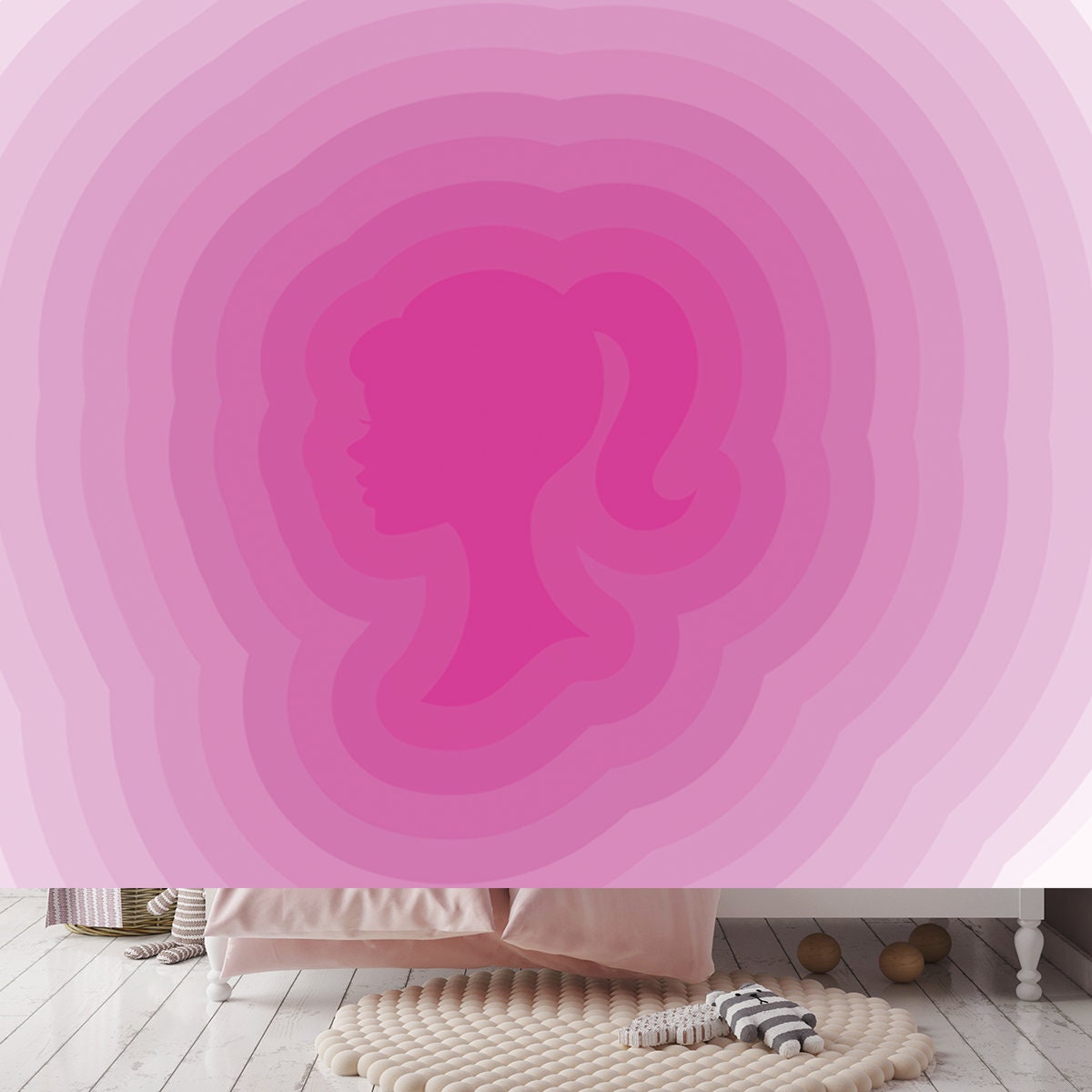 Barbie Head Silhouette on Pink Background Wallpaper Girls Bedroom Mural ...