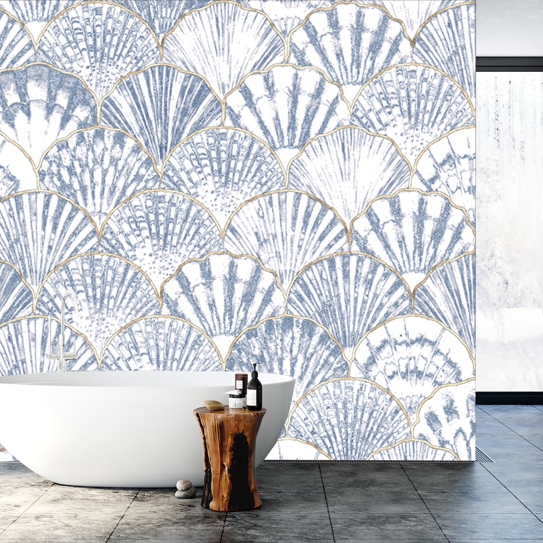 Watercolor Seashell Japanese Waves Blue White Seamless Pattern. Hand ...