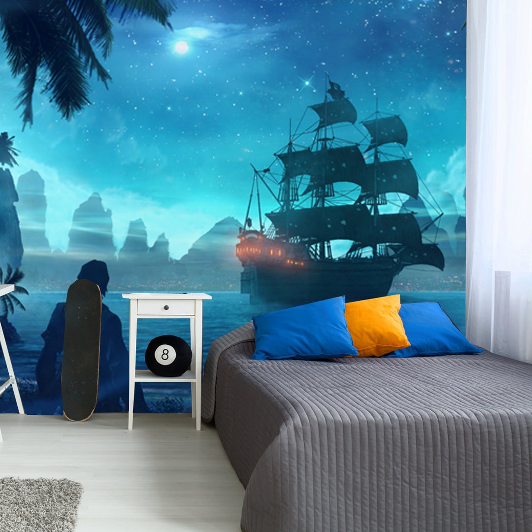 Pirate Ship at Night Wallpaper Boy Bedroom Mural - Etsy