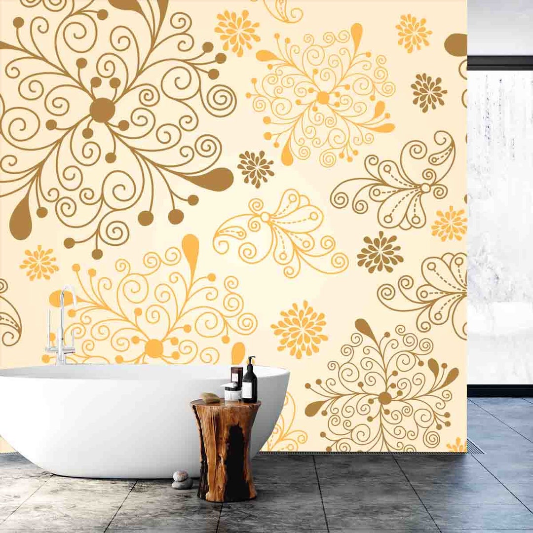 Gold and Yellow Floral Pattern Wallpaper Bathroom Mural - Etsy