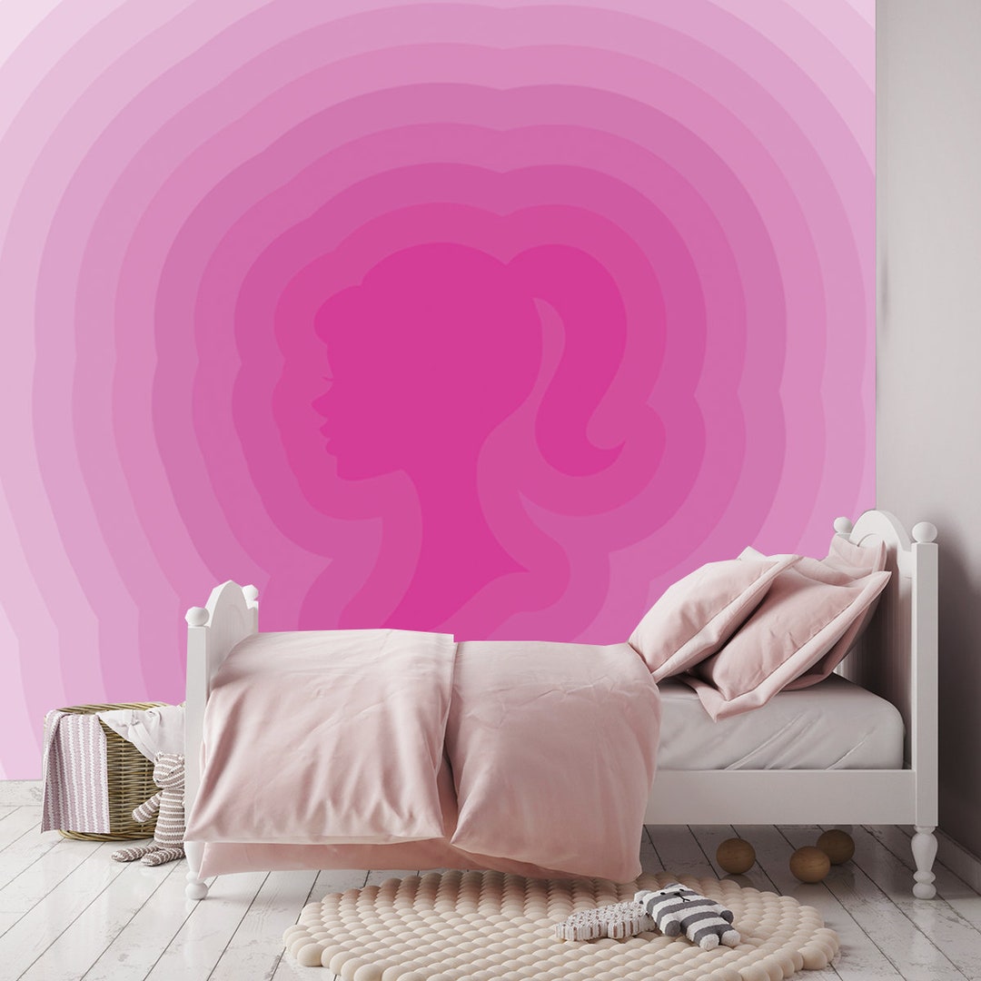 Barbie Head Silhouette on Pink Background Wallpaper Girls Bedroom Mural ...