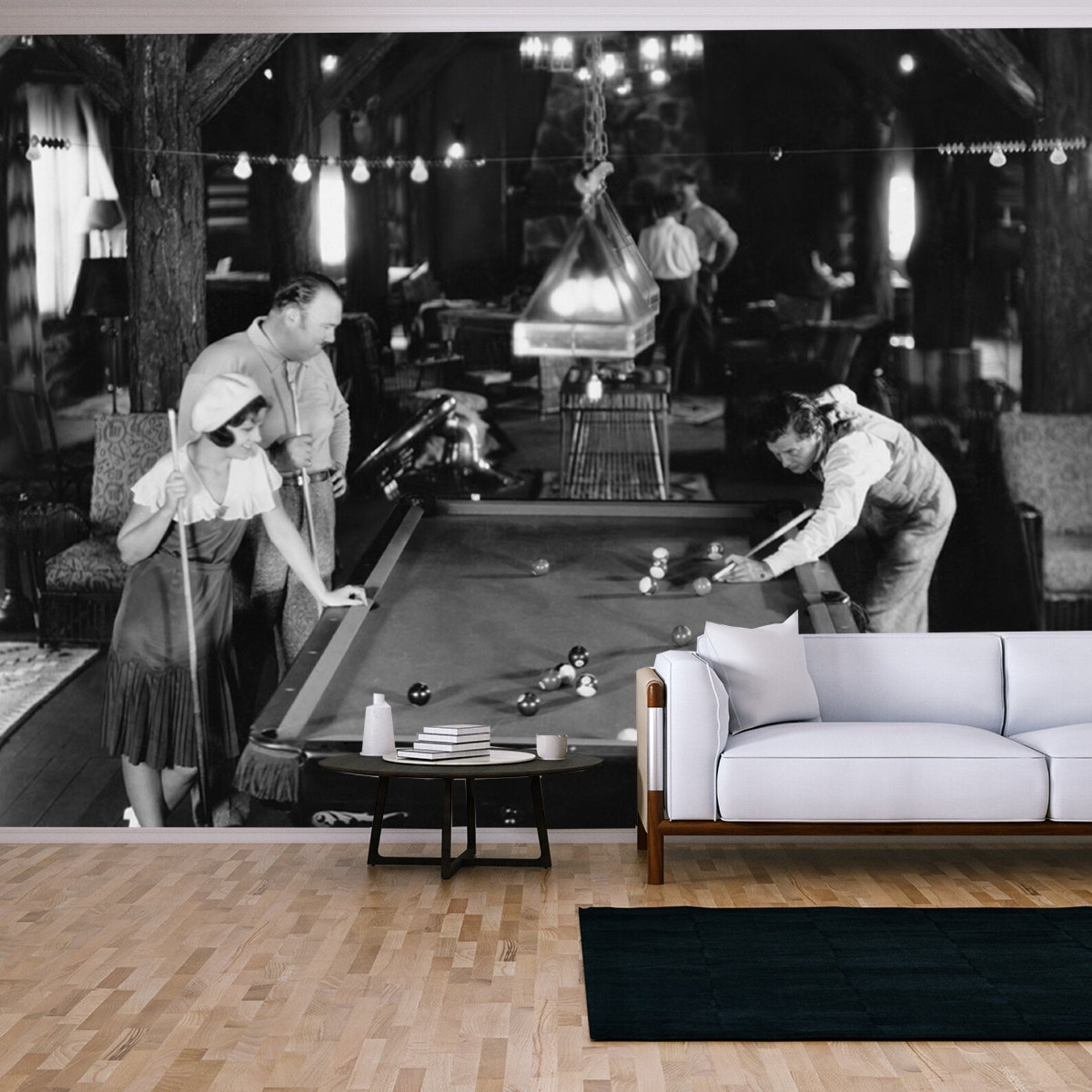Vintage Black and White Billiard Playing Pool Wallpaper Living Room ...