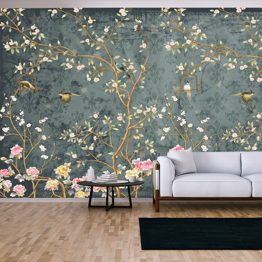 3d Wallpaper Design With Branches, Birds and Flowers Wallpaper Living ...