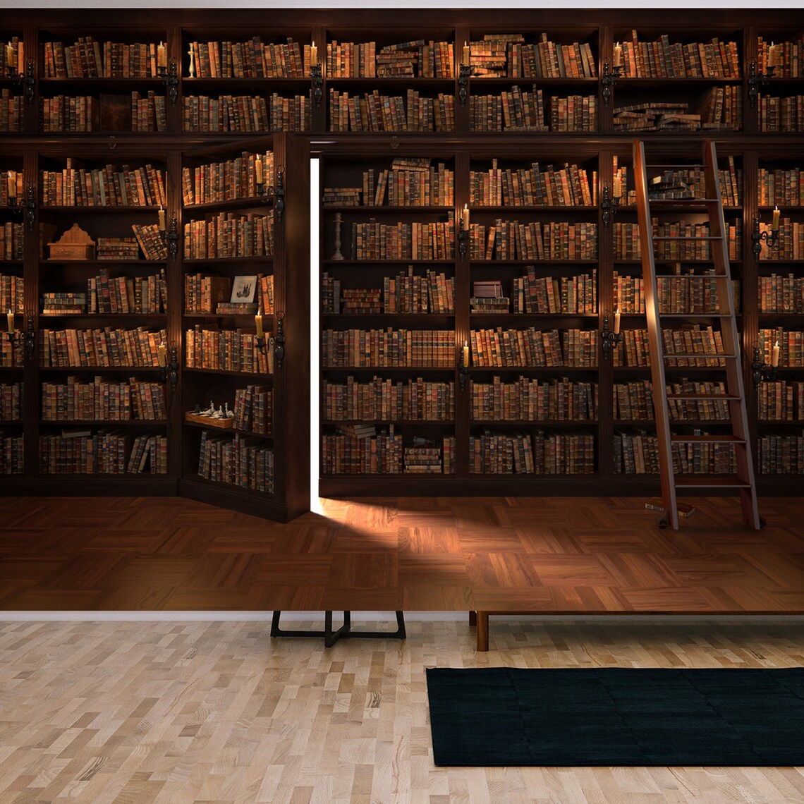 Secret Door in the Bookcase. Mysterious Library With Candle Lighting ...