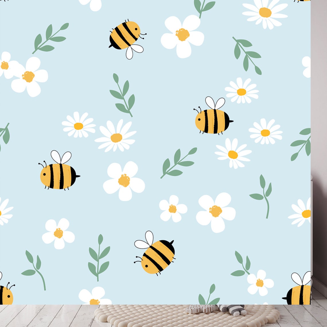 Daisy Flower, Cartoon Bees and Green Leaf on a Blue Background ...