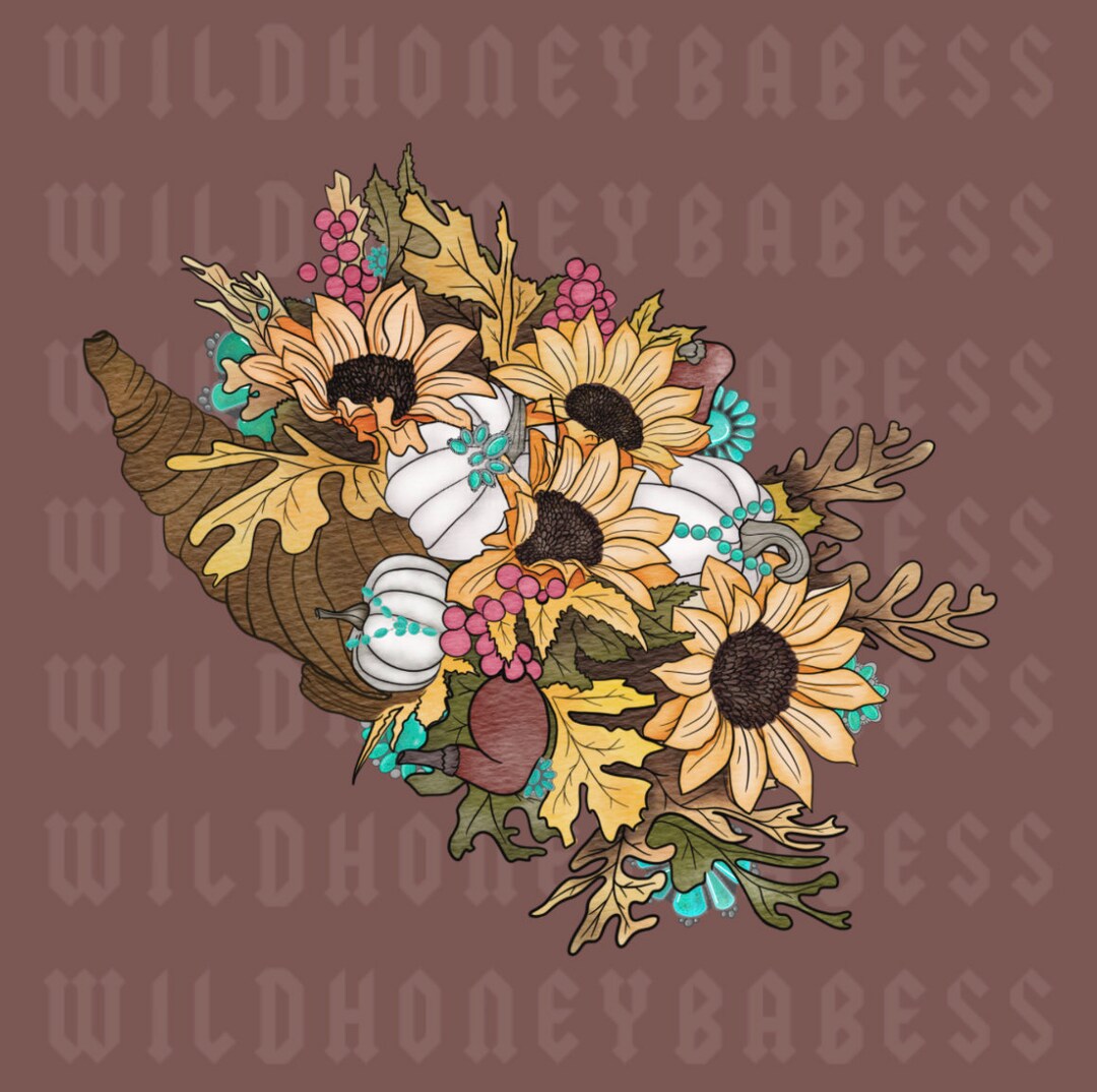Turquoise Sunflower Cornucopia Png, Western Thanksgiving Png, Sunflower ...