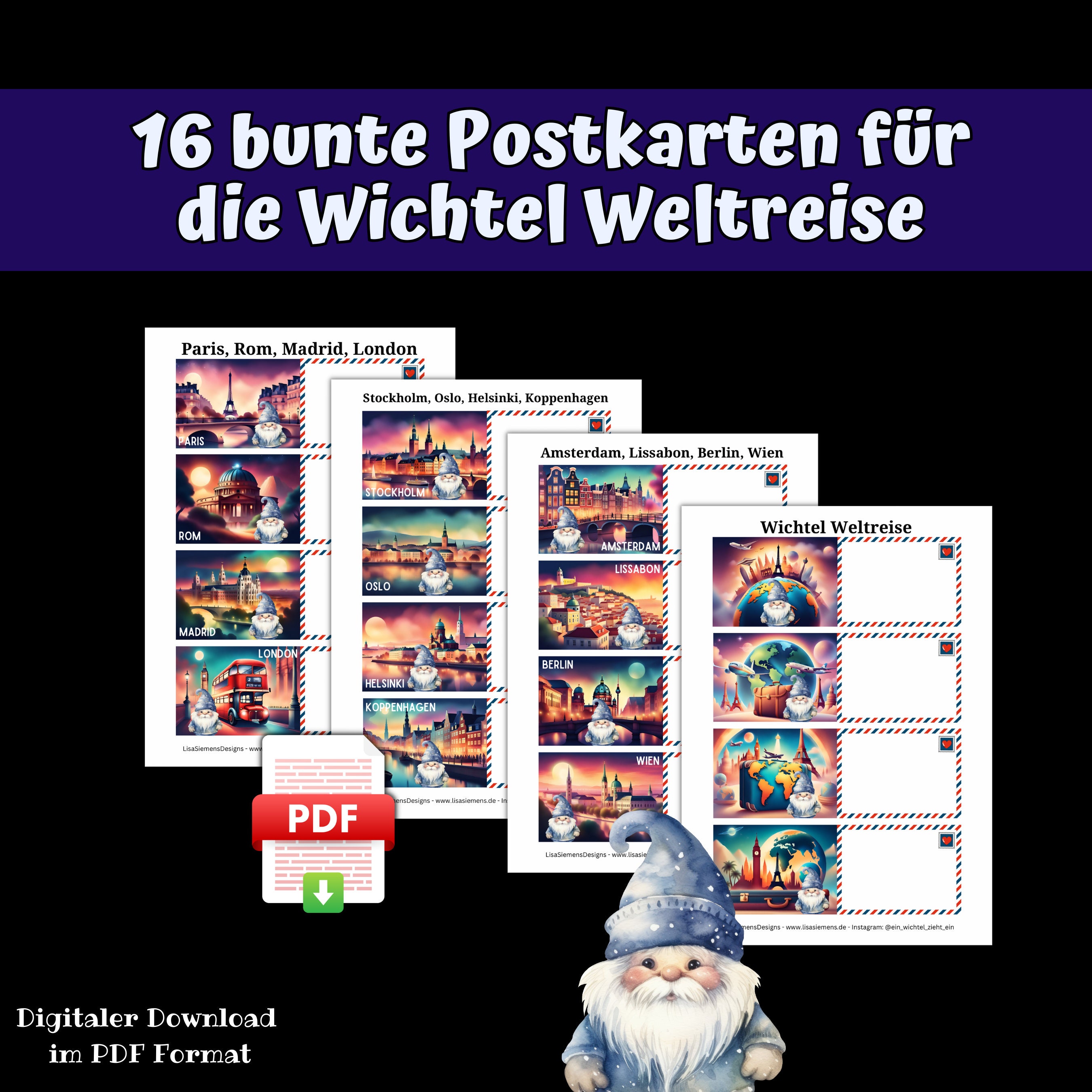 Gnome Postcards to Print Out Yourself, PDF File, Gnome World Trip, City ...